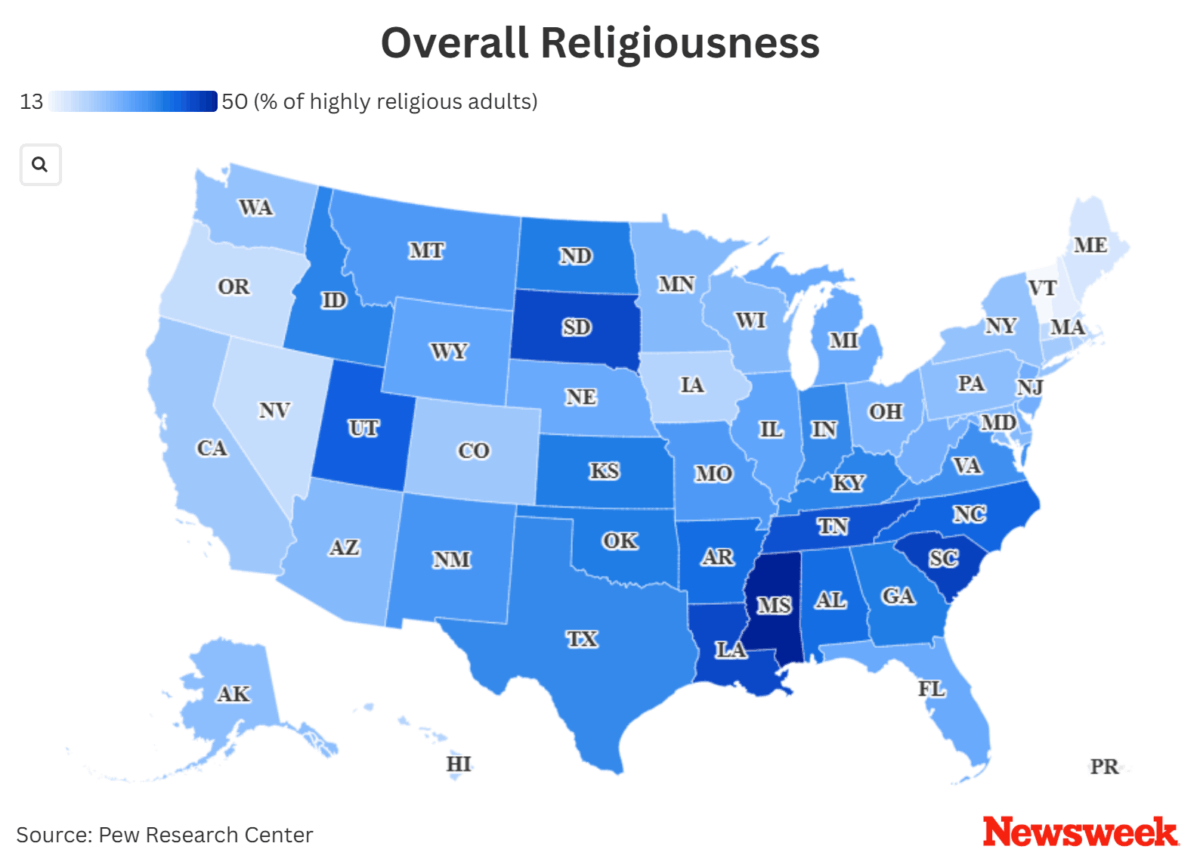 New Maps Reveal Most and Least Religious States in America